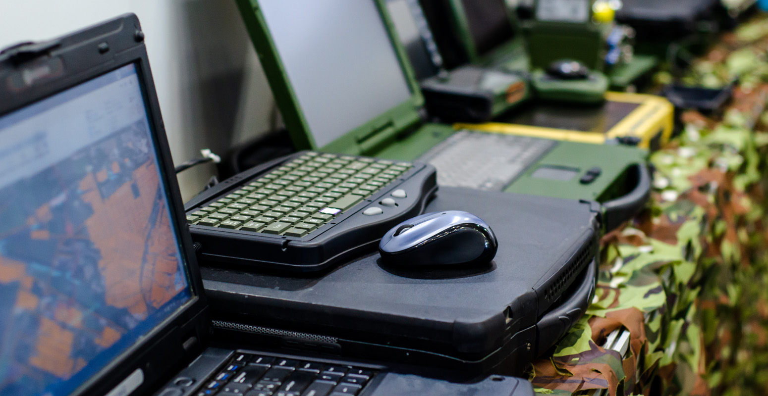 Close-up of Electronic Warfare (EW) courseware on military laptop in ...