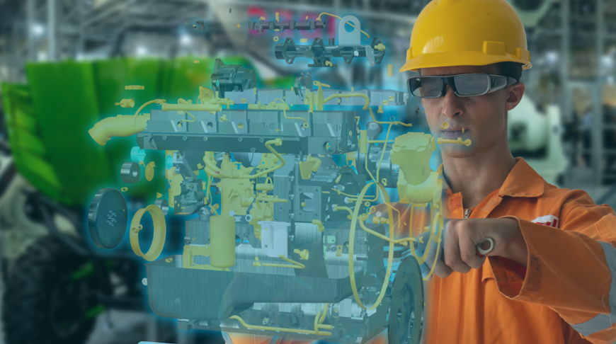 Worker in hard hat training with augmented virtual reality.